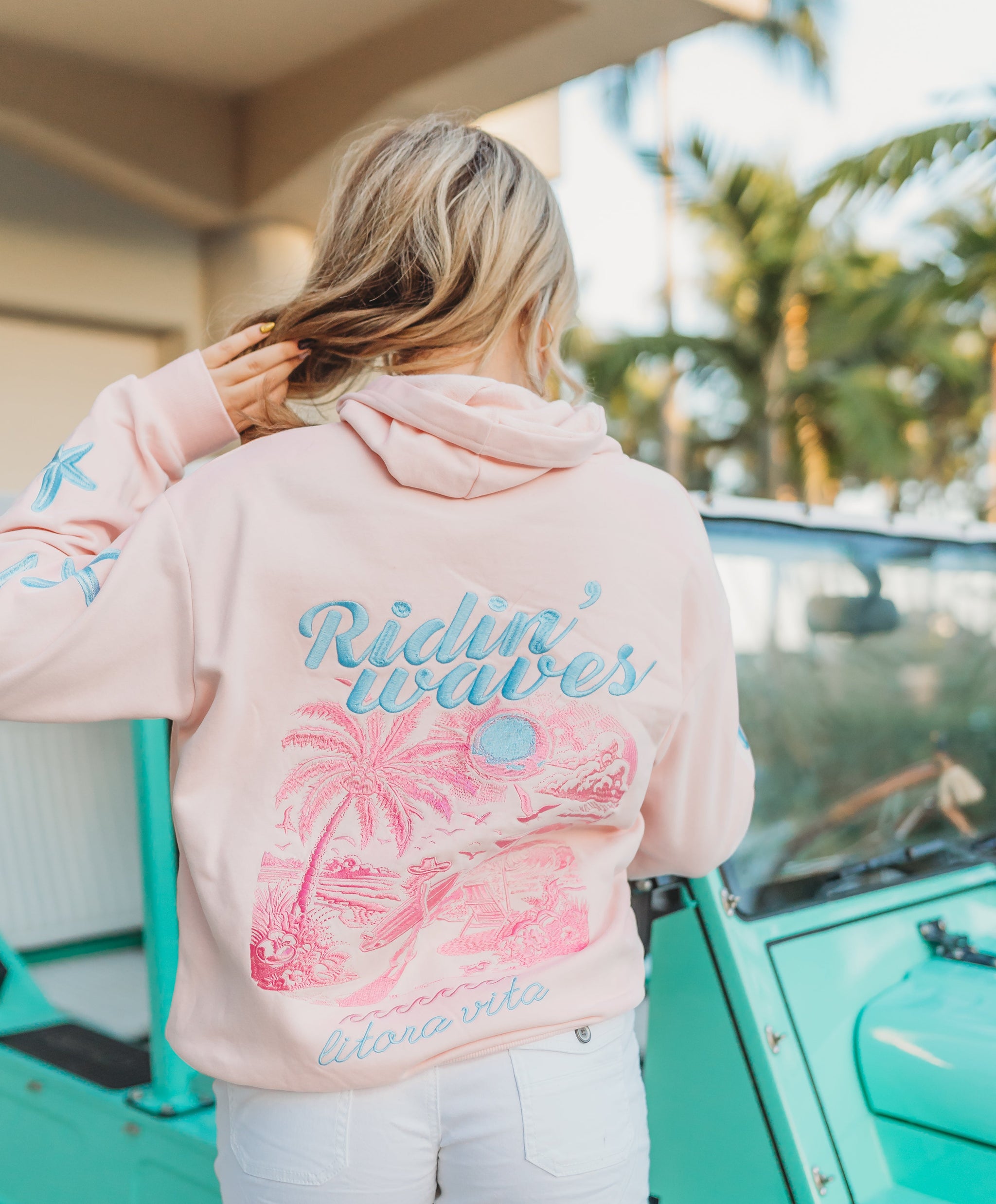 "Ridin' Waves" Embroidered Hoodie - Pink